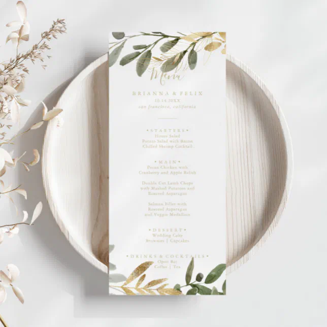 Geometric Gold Greenery Fall Dinner Menu | Zazzle