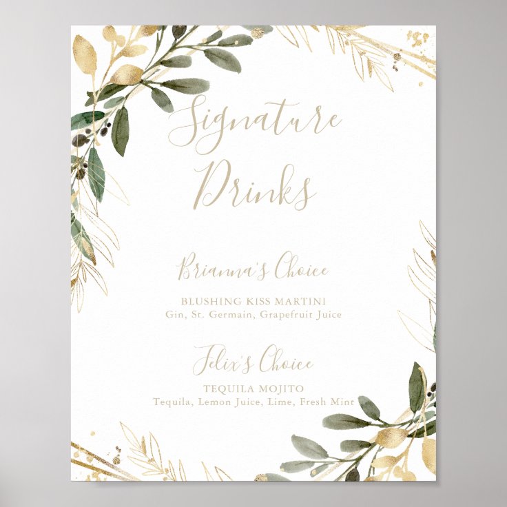 Geometric Gold Greenery Fall Signature Drinks Sign | Zazzle
