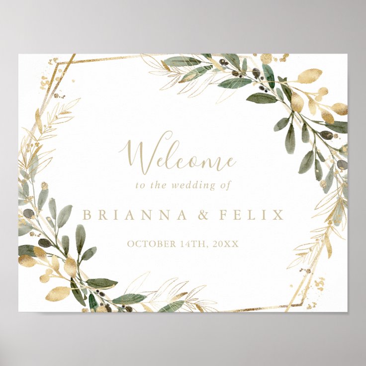 Geometric Gold Greenery Fall Wedding Welcome Sign | Zazzle
