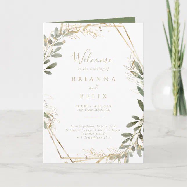 Geometric Gold Greenery Folded Wedding Program | Zazzle