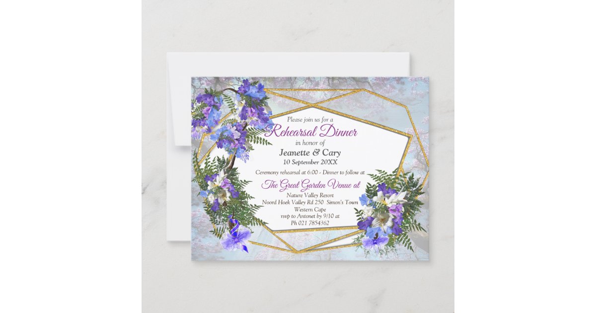 Geometric Gold & Jacaranda Flowers Theme Invitation | Zazzle