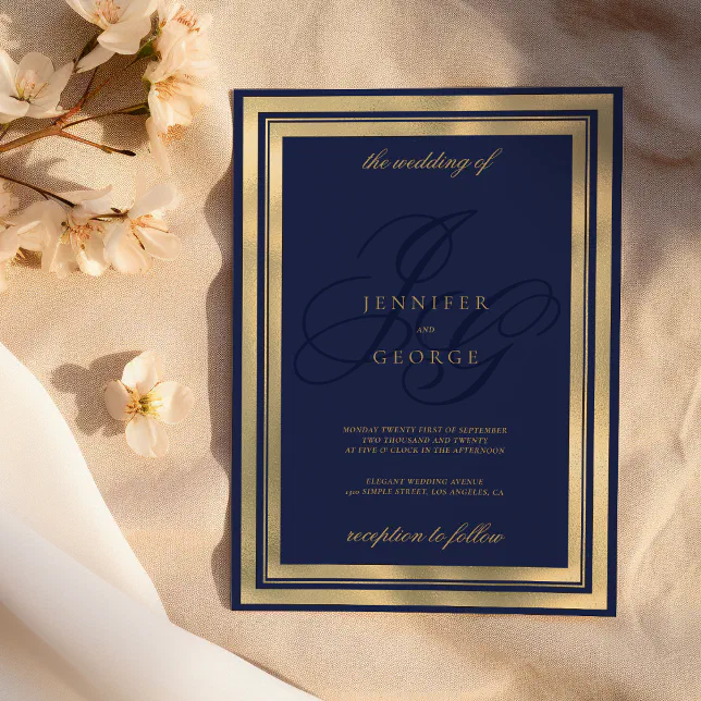 Geometric gold navy blue monogram initals wedding invitation | Zazzle