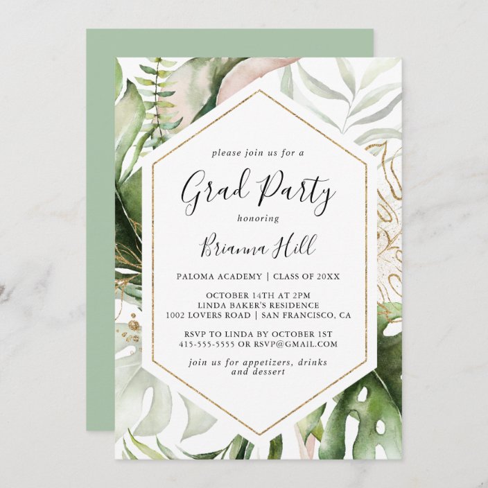 Geometric Gold Tropical Greenery Grad Party Invitation | Zazzle.com