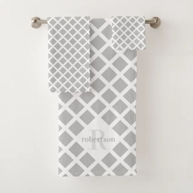 Geometric Gray and White Diamond Pattern Monogram Bath Towel Set | Zazzle