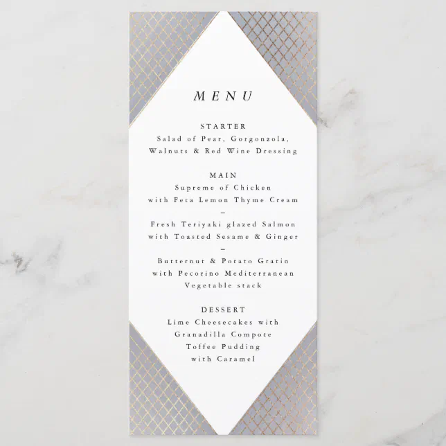Geometric Grey Gold Gatsby Tall Wedding Menu | Zazzle