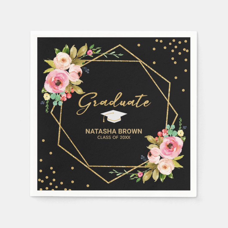 Geometric Hand Lettering Gold Glitter Graduation Napkins | Zazzle