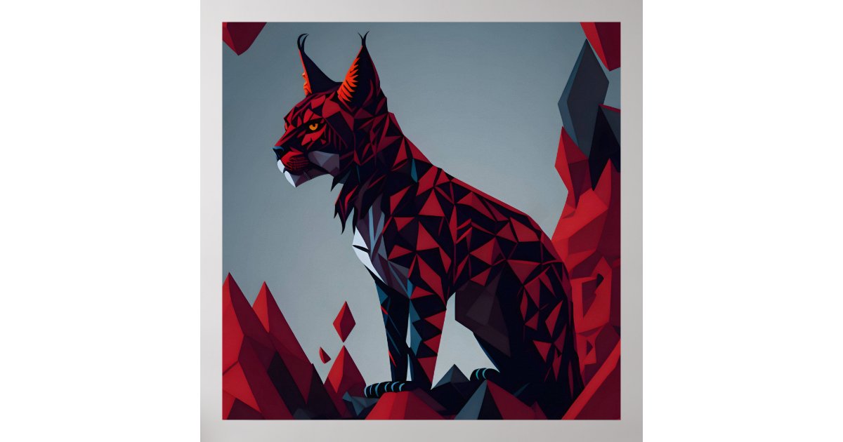 Geometric Lynx Bobcat Red Poster | Zazzle