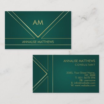 Geometric Minimal Gold Monogram Emerald Green Business Card | Zazzle