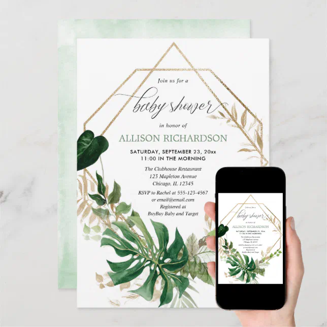 Geometric modern greenery gold gender neutral invitation | Zazzle