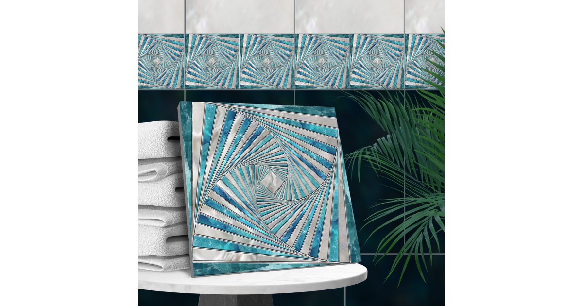 Geometric Mosaic Spiral - Aquamarine and Pearl Ceramic Tile | Zazzle