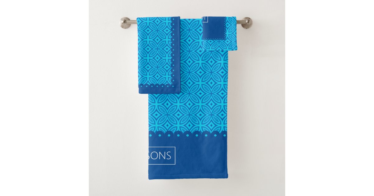 Geometric pattern, scalloped borders aqua blue bath towel set | Zazzle