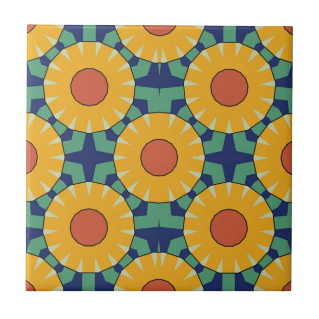 Geometric Pattern Shades of Orange on Green & Blue Ceramic Tile | Zazzle