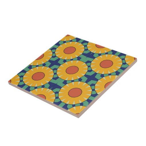 Geometric Pattern Shades of Orange on Green & Blue Ceramic Tile | Zazzle