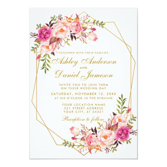 Geometric Pink Blush Floral Gold Wedding Invitation