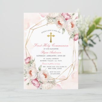 Geometric Pink Floral First Holy Communion Invitation | Zazzle
