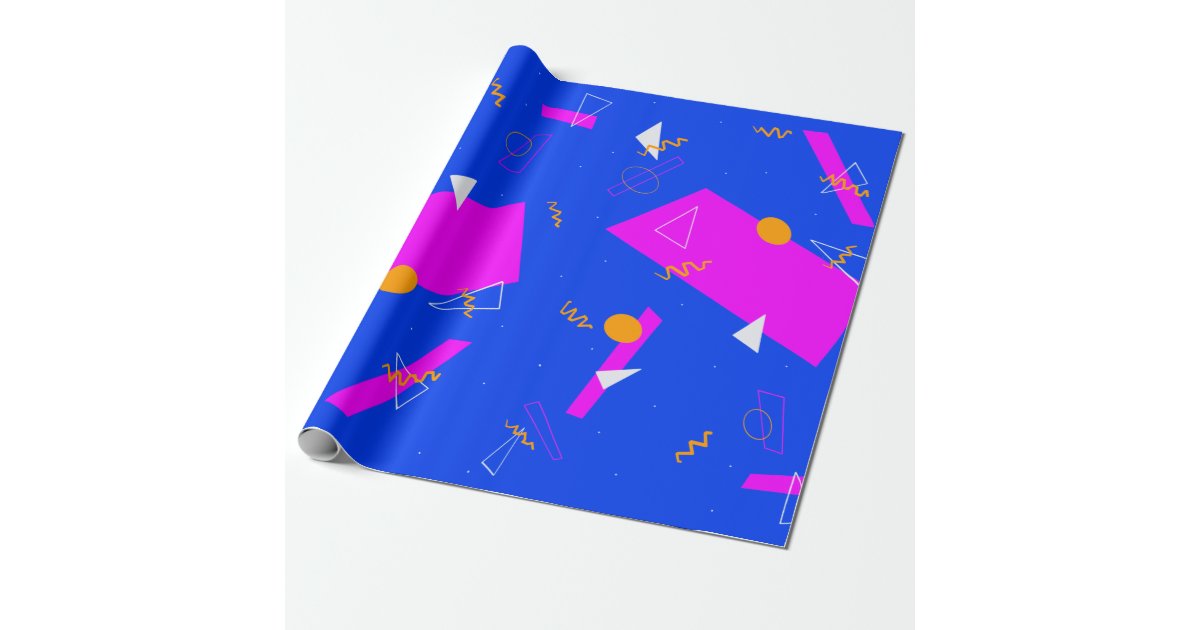 Geometric Retro 80s 90s Blue and Neon Wrapping Paper | Zazzle