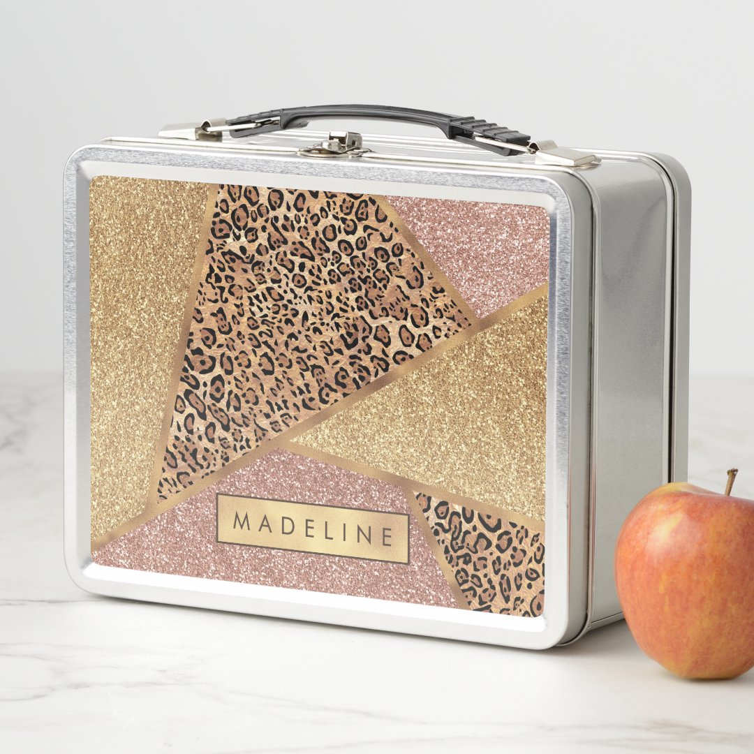 Geometric Rose Gold Blush Glitter Leopard Pattern Metal Lunch Box | Zazzle