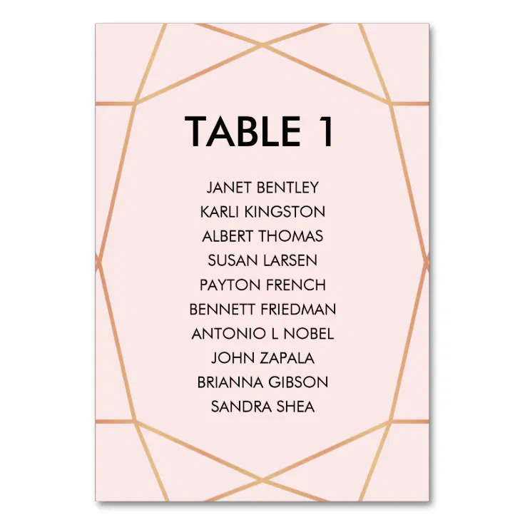 Geometric Rose Gold Seating Chart | Custom Color Table Number | Zazzle