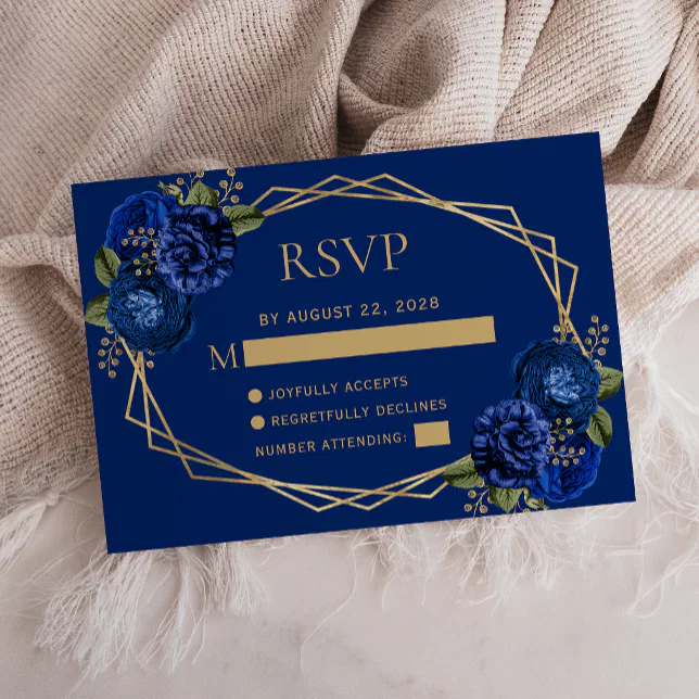 Geometric Royal Blue Floral Gold Wedding RSVP Card | Zazzle