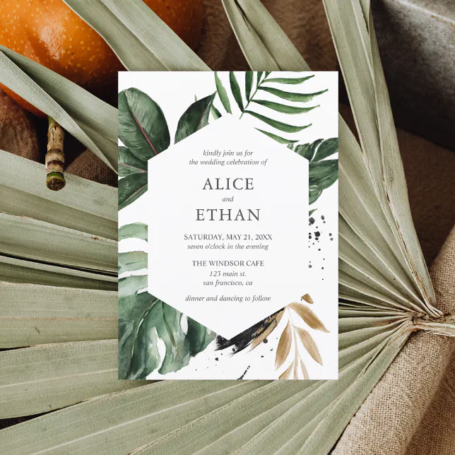 Geometric Tropical Greenery Wedding Invitation | Zazzle