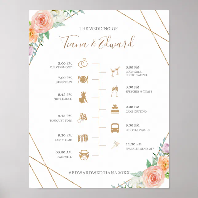 Geometric Watercolor Flowers Wedding Timeline Sign | Zazzle