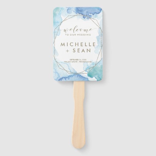 Geometric Watercolor Wedding Program Hand Fan | Zazzle