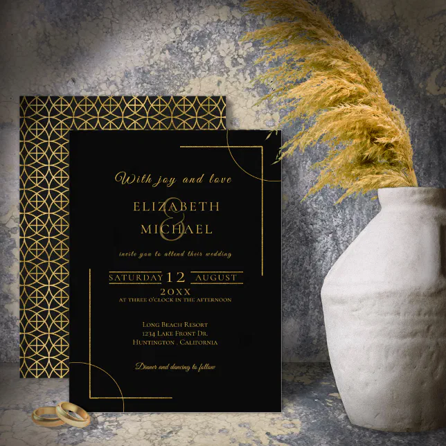 Geometric Wedding Gold on Black ID477 Invitation | Zazzle