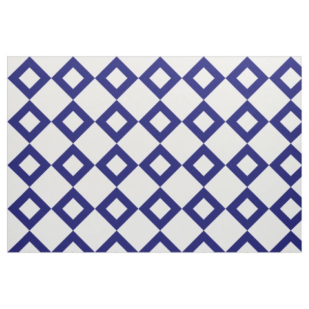White on Navy Blue Diamond Tiles Fabric | Zazzle