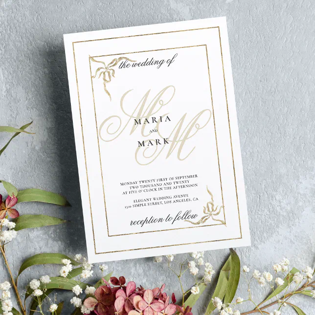 Geometric white gold bow monogram initials wedding invitation | Zazzle