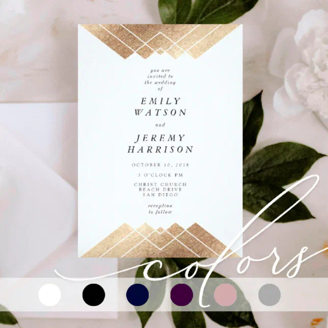 Geometric White Gold Gatsby Wedding Invitation | Zazzle