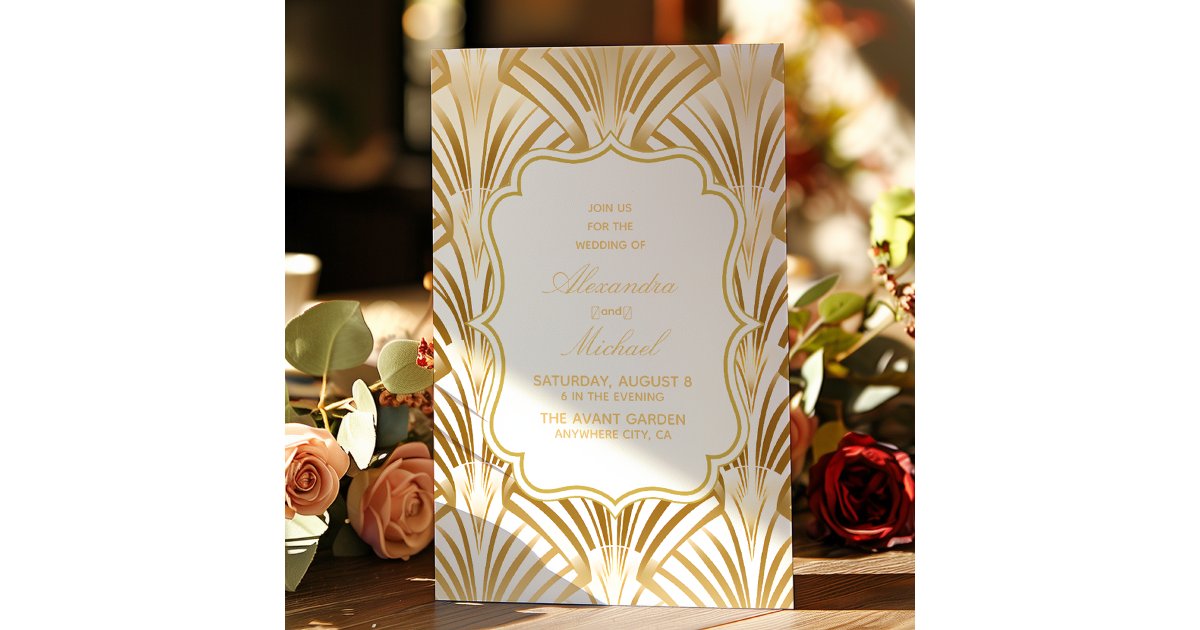 Geometric White Gold Gatsby Wedding Invitation | Zazzle