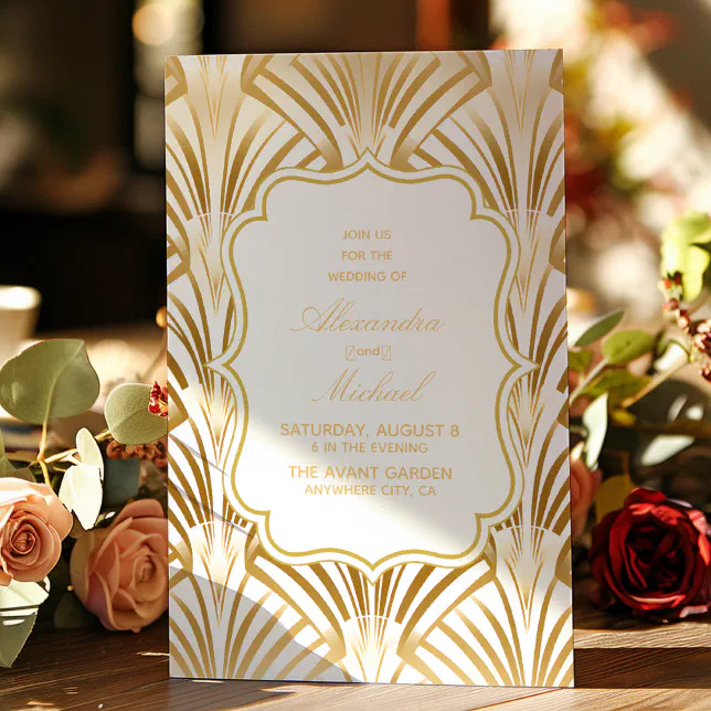 Geometric White Gold Gatsby Wedding Invitation | Zazzle