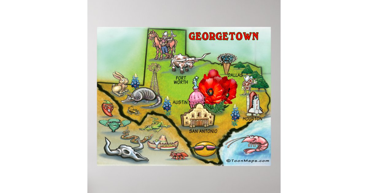 Georgetown Texas Cartoon Map poster | Zazzle