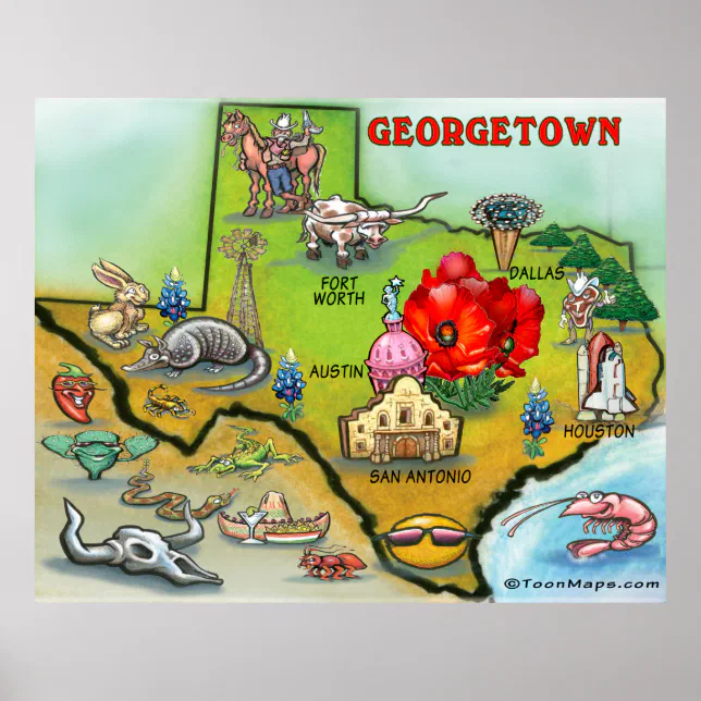 Georgetown Texas Cartoon Map poster | Zazzle