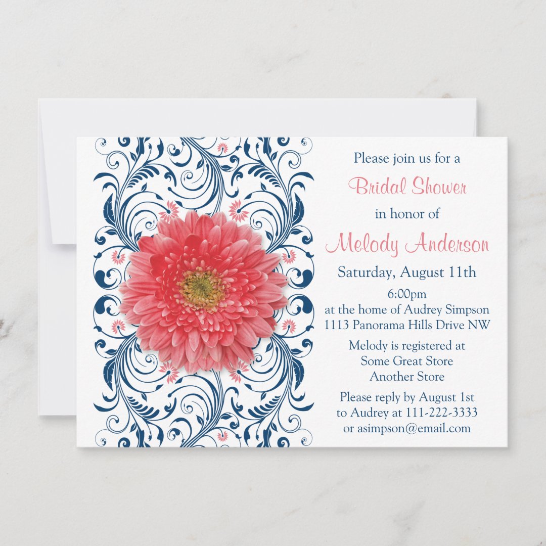 Gerbera Daisy Coral Navy Blue Floral Bridal Shower Invitation | Zazzle