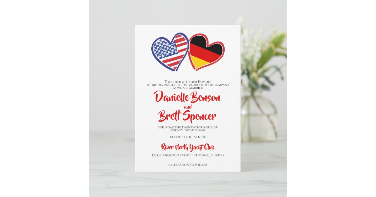 German American Heart Flags Wedding Invitation | Zazzle