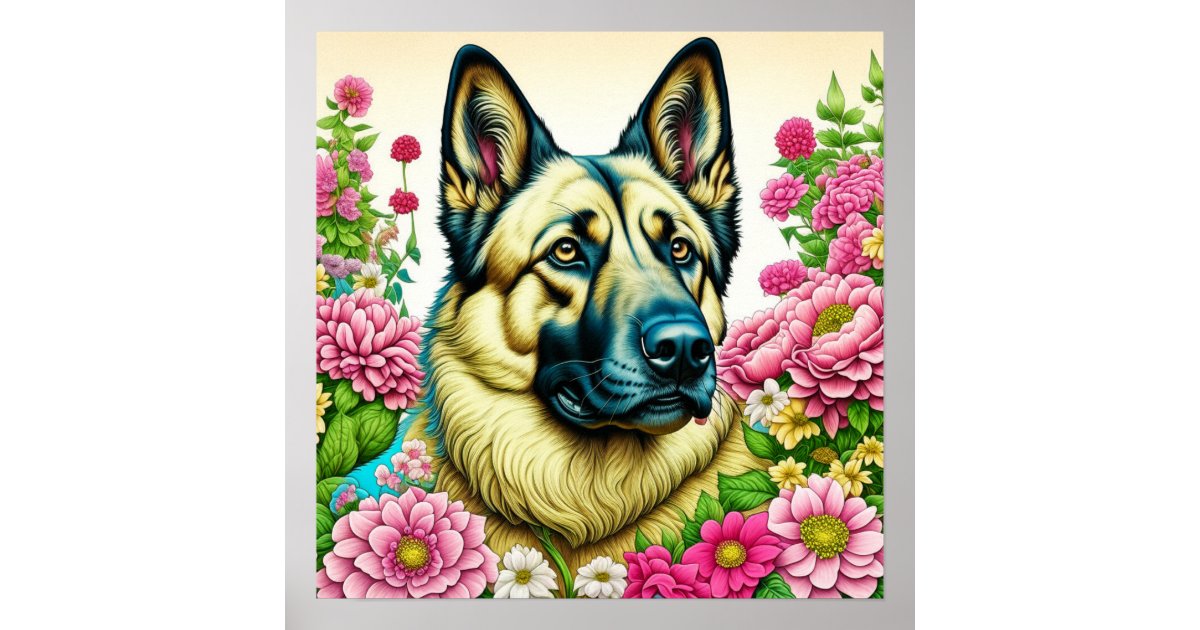 German Shepherd and Whimsical Flowers Poster | Zazzle
