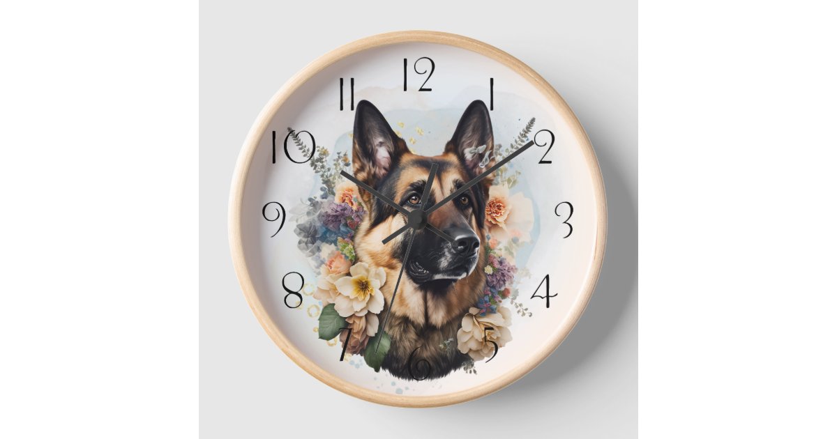 German Shepherd Floral Dog Clock | Zazzle