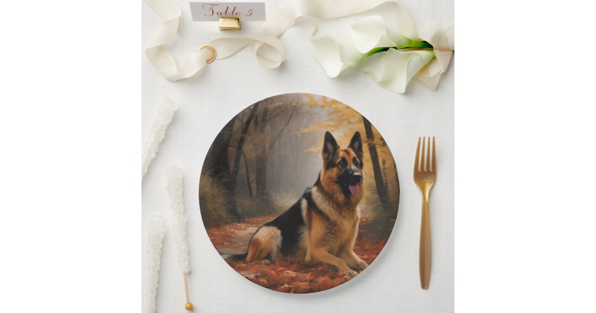 German Shepherd in Autumn Leaves Fall Inspire Paper Plates | Zazzle
