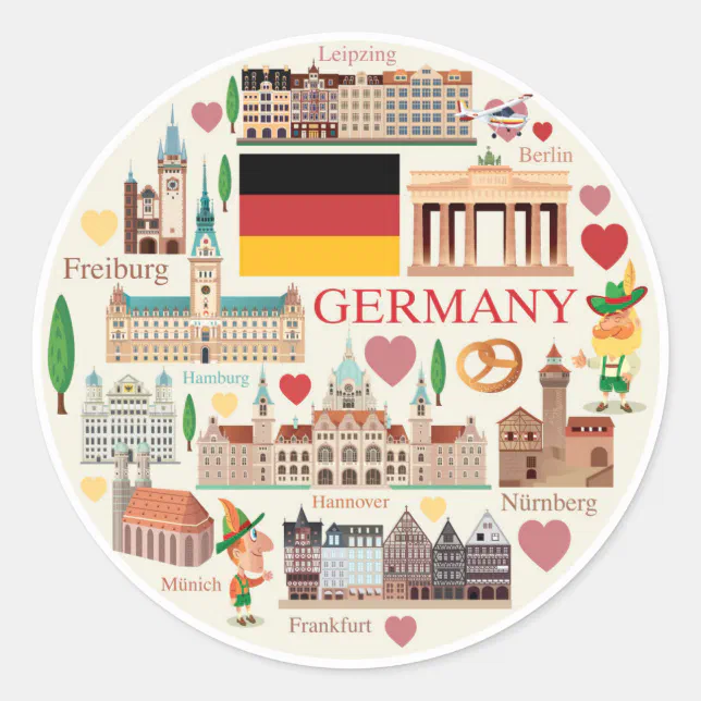 Germany Travel Icons Classic Round Sticker | Zazzle