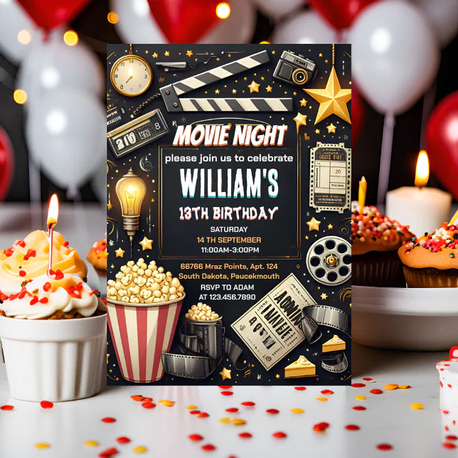 Get boy Camping Popcorn Movie Night 13th birthday Invitation | Zazzle