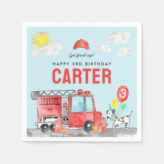 Get Fired Up Fire Truck Firefighter Kids Birthday Napkins | Zazzle