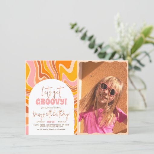 Get Groovy Pink & Orange Arch Photo Birthday Party Invitation | Zazzle