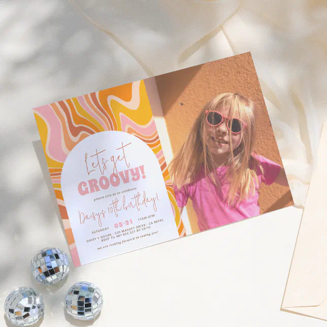 Get Groovy Pink & Orange Arch Photo Birthday Party Invitation | Zazzle