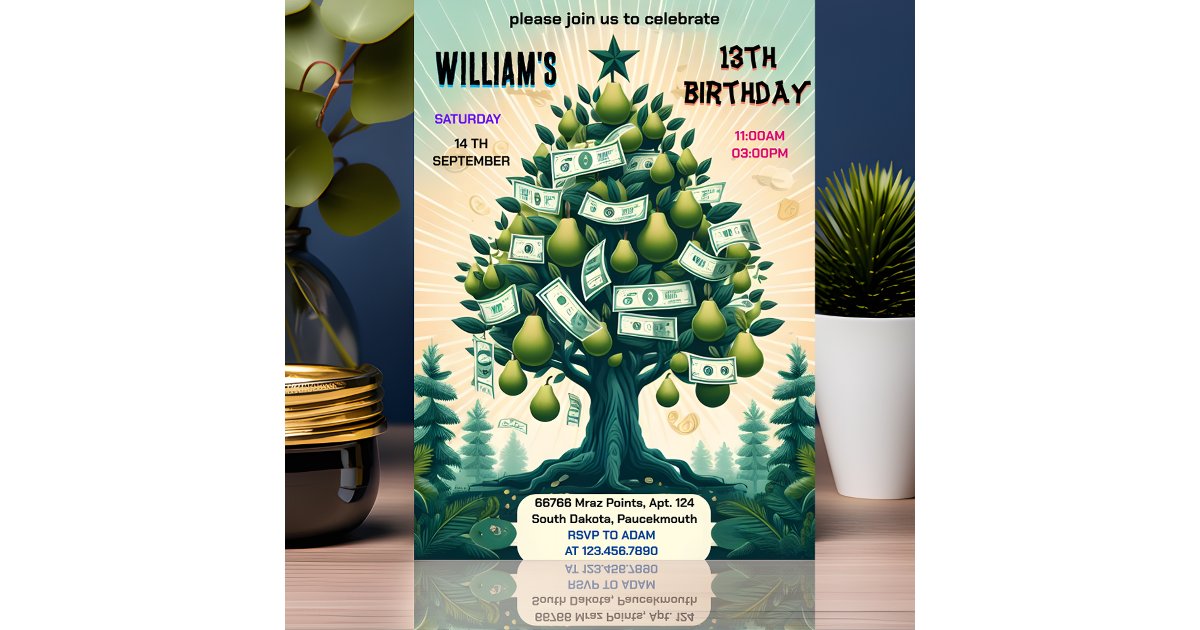 Get Nature Cool Cash Only Money Tree 13th Birthday Invitation | Zazzle