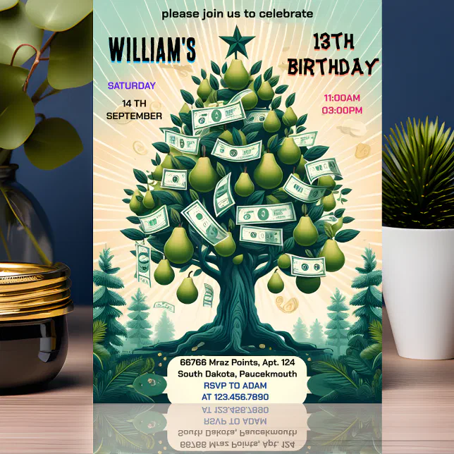 Get Nature Cool Cash Only Money Tree 13th Birthday Invitation | Zazzle