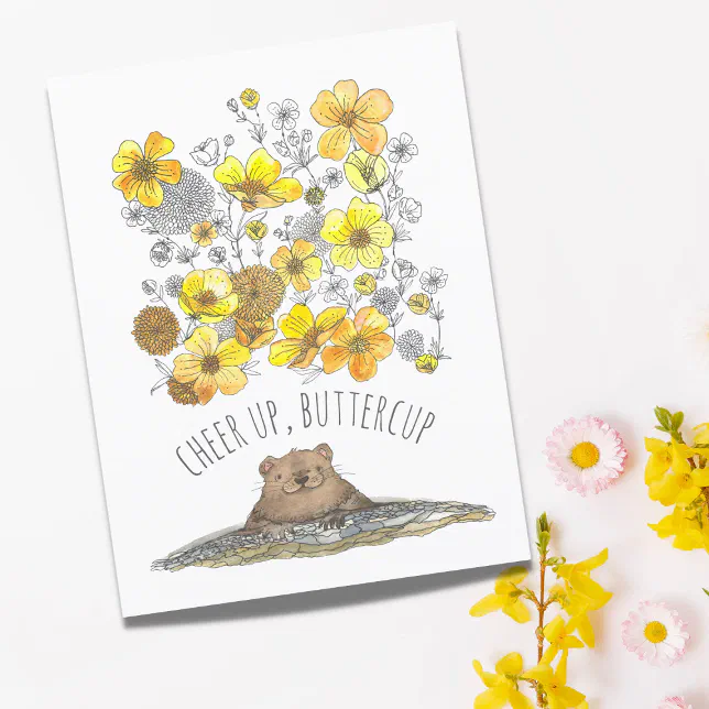 Get Well Groundhog Cheer Up, Buttercups Watercolor Postcard | Zazzle