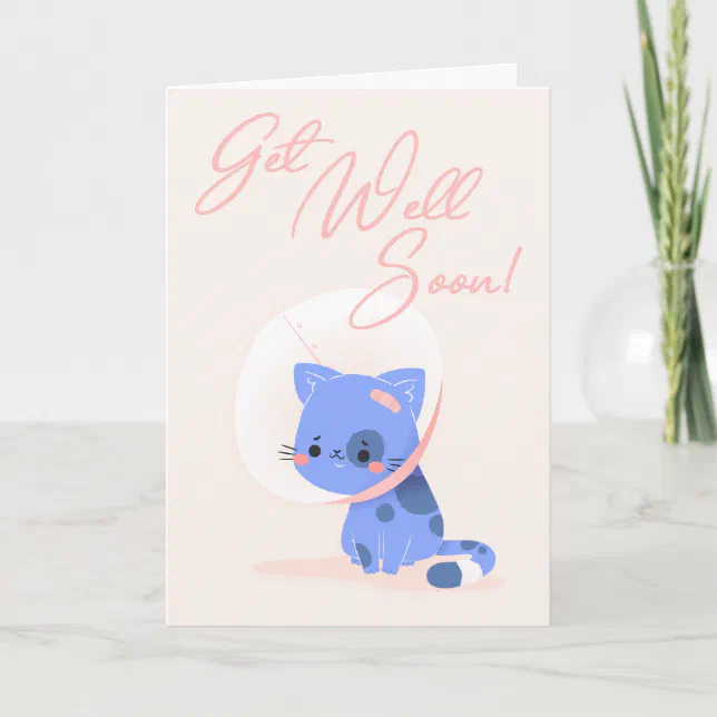 Get Well Soon Blue Cartoon Cat Greeting Card | Zazzle