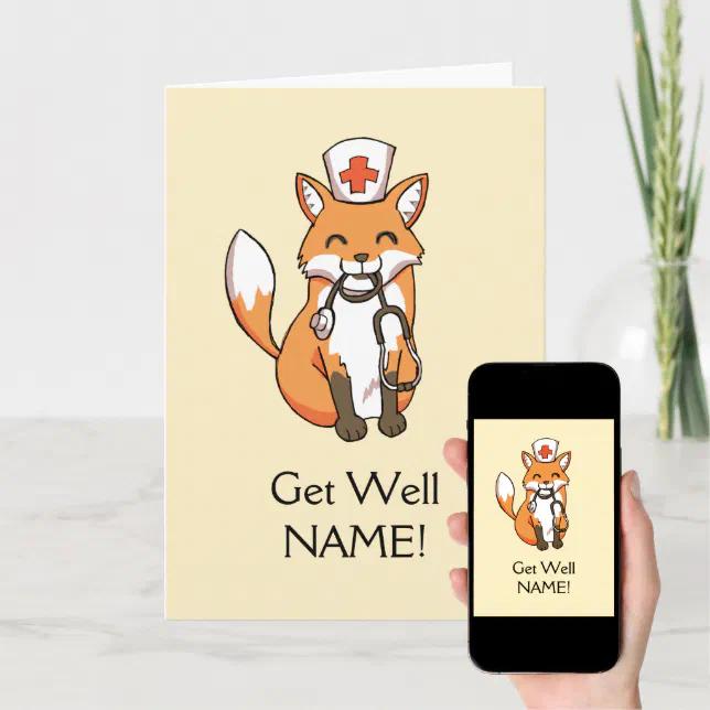 Get Well Soon Card Fox Nurse Personalised Template | Zazzle