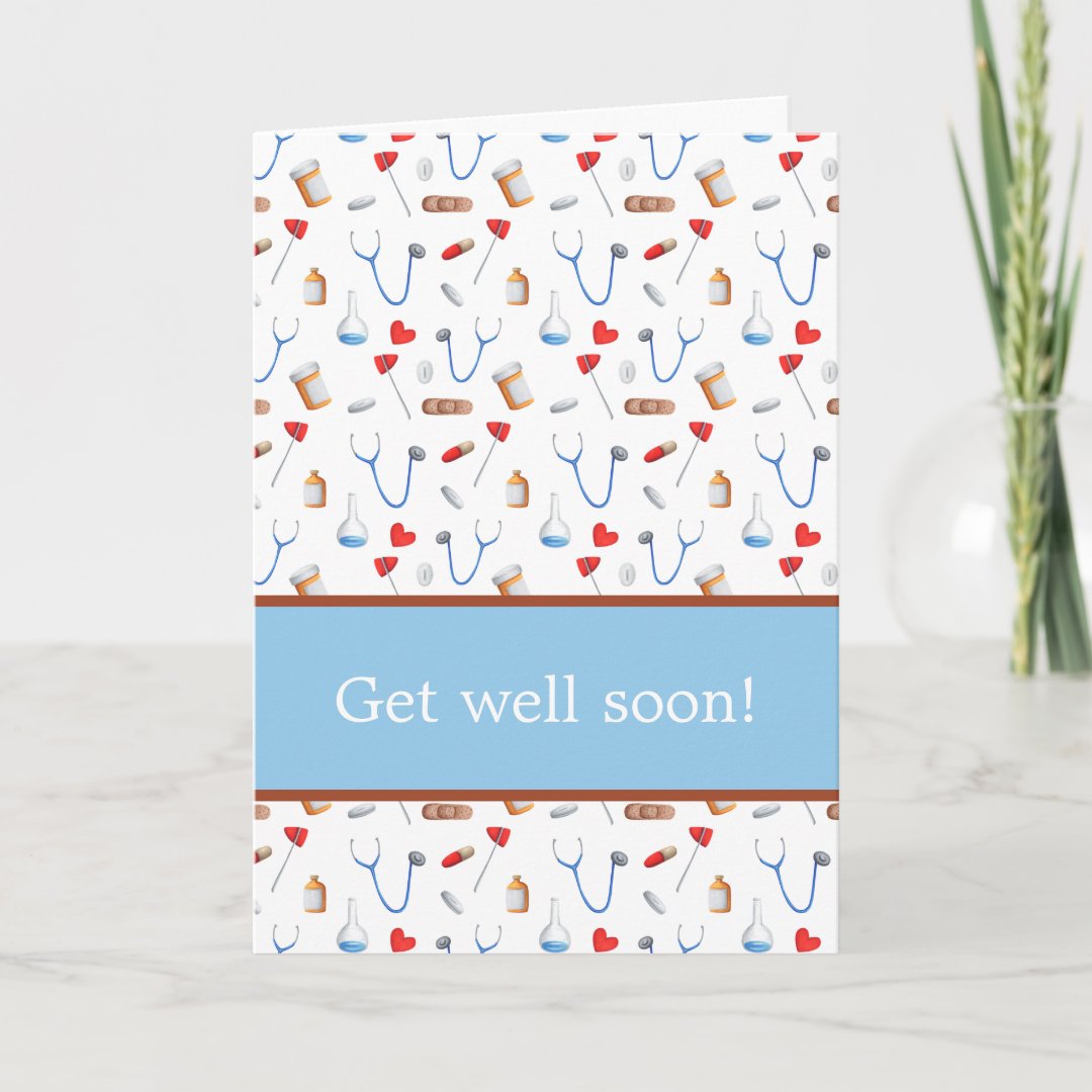 Get well soon card with medical equipment pattern | Zazzle